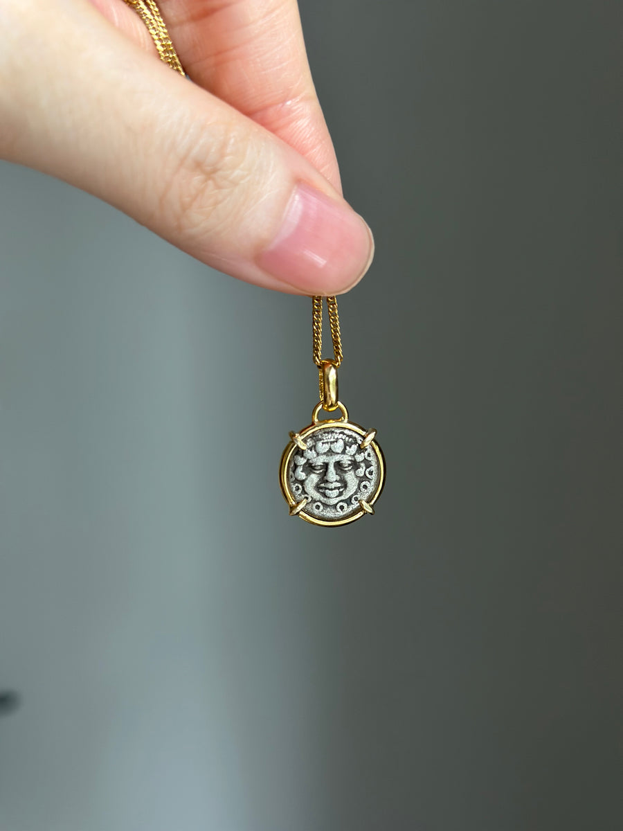 Ancient Gorgoneion drachm coin in 14k casing pendant – Confetti By Jas